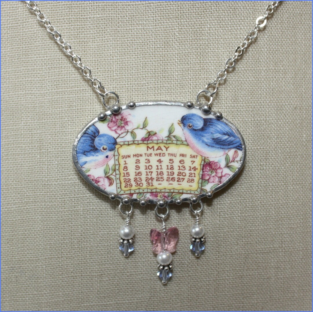 May 1921 Bluebird Calendar Plate Broken China Jewelry Necklace With ...