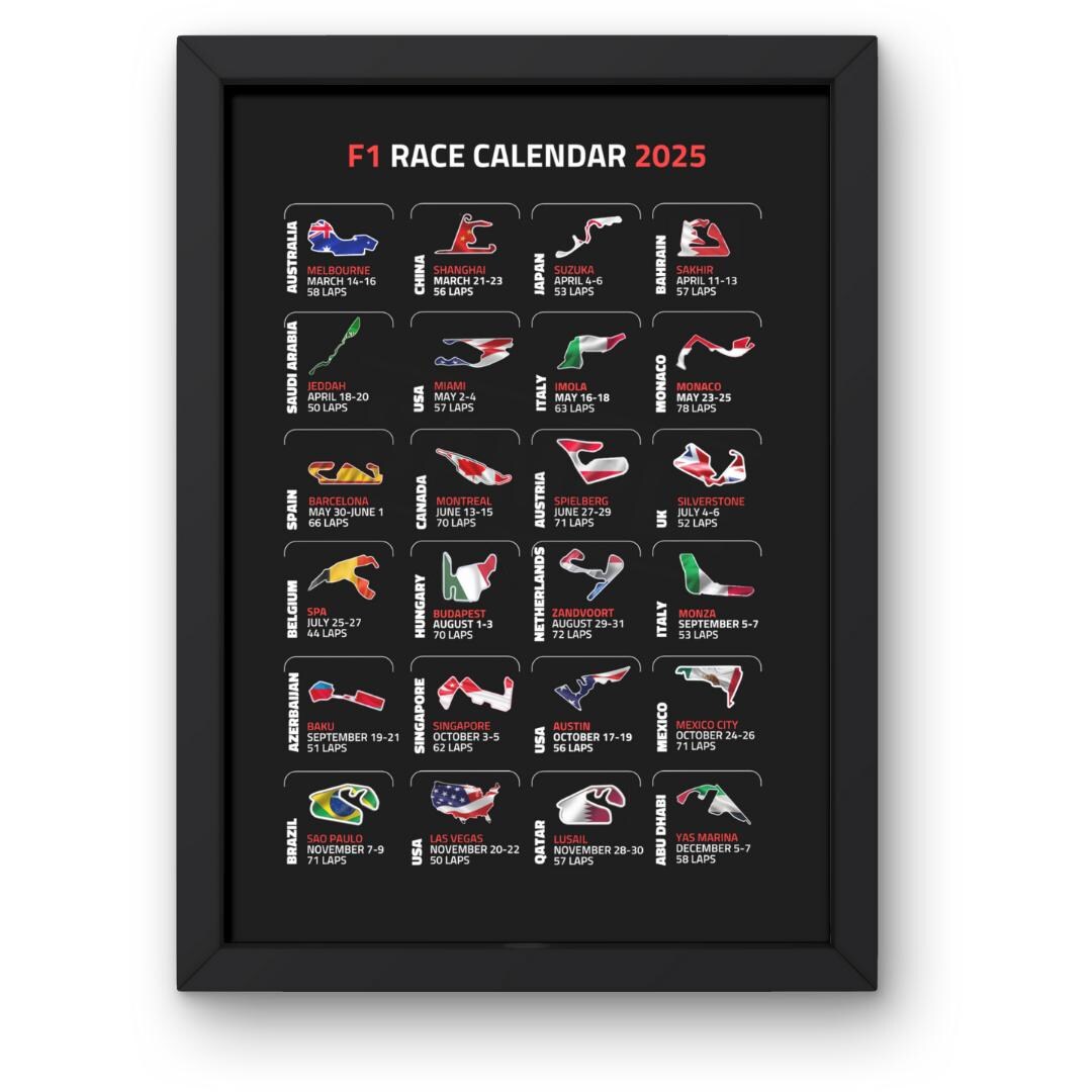 F1 2025 Race Calendar- Framed Display Gift - Etsy Canada
