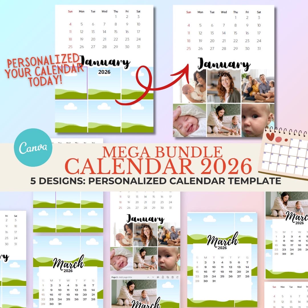 2026 Personalized Calendar Template | Mega Bundle | 5 Editable Designs ...