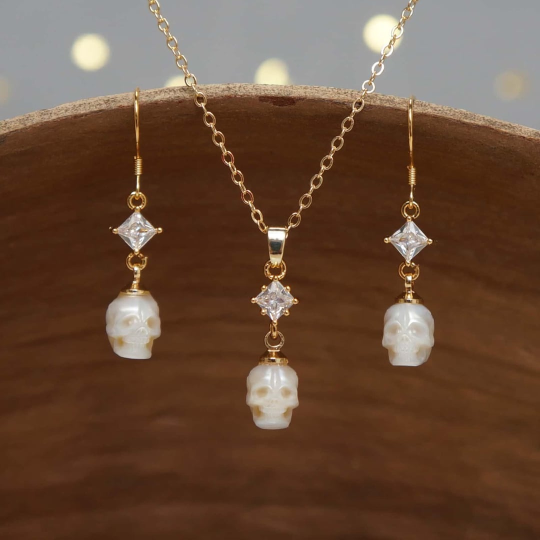 Natural Pearl Skull Earrings CZ Pearl Skull Necklace Hand-carved ...