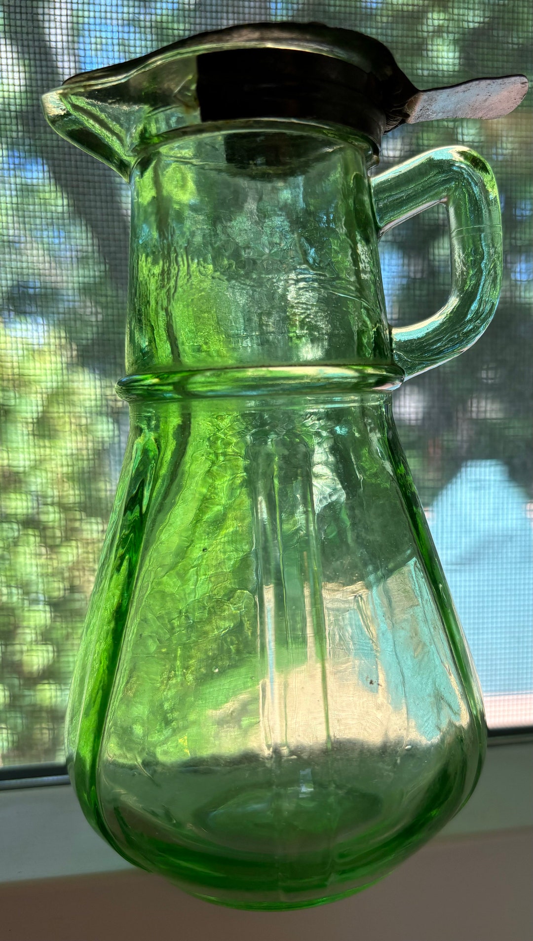 Vintage Green Depression Glass Syrup Pitcher With Zinc Lid - Etsy