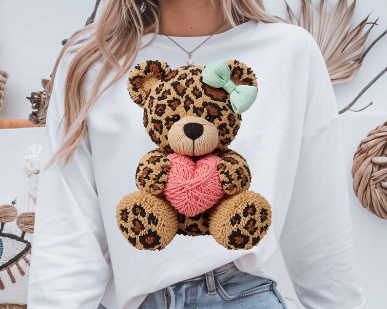 Leopard Yarn Teddy Bear PNG – Pink Heart Valentine Sublimation – Cute ...