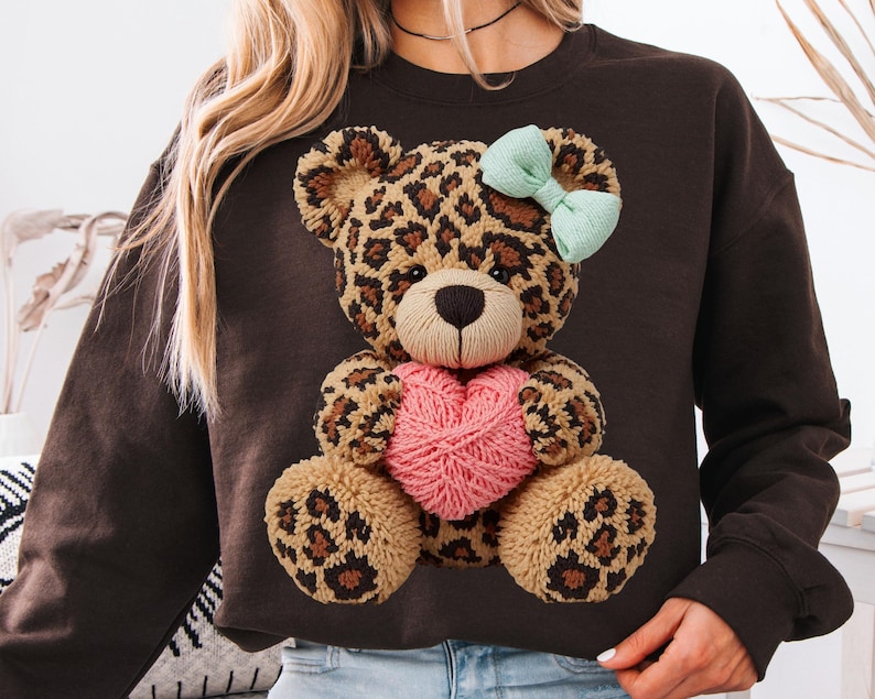 Leopard Yarn Teddy Bear PNG – Pink Heart Valentine Sublimation – Cute ...