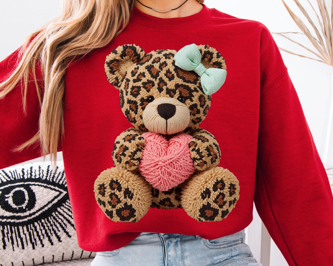 Leopard Yarn Teddy Bear PNG – Pink Heart Valentine Sublimation – Cute ...