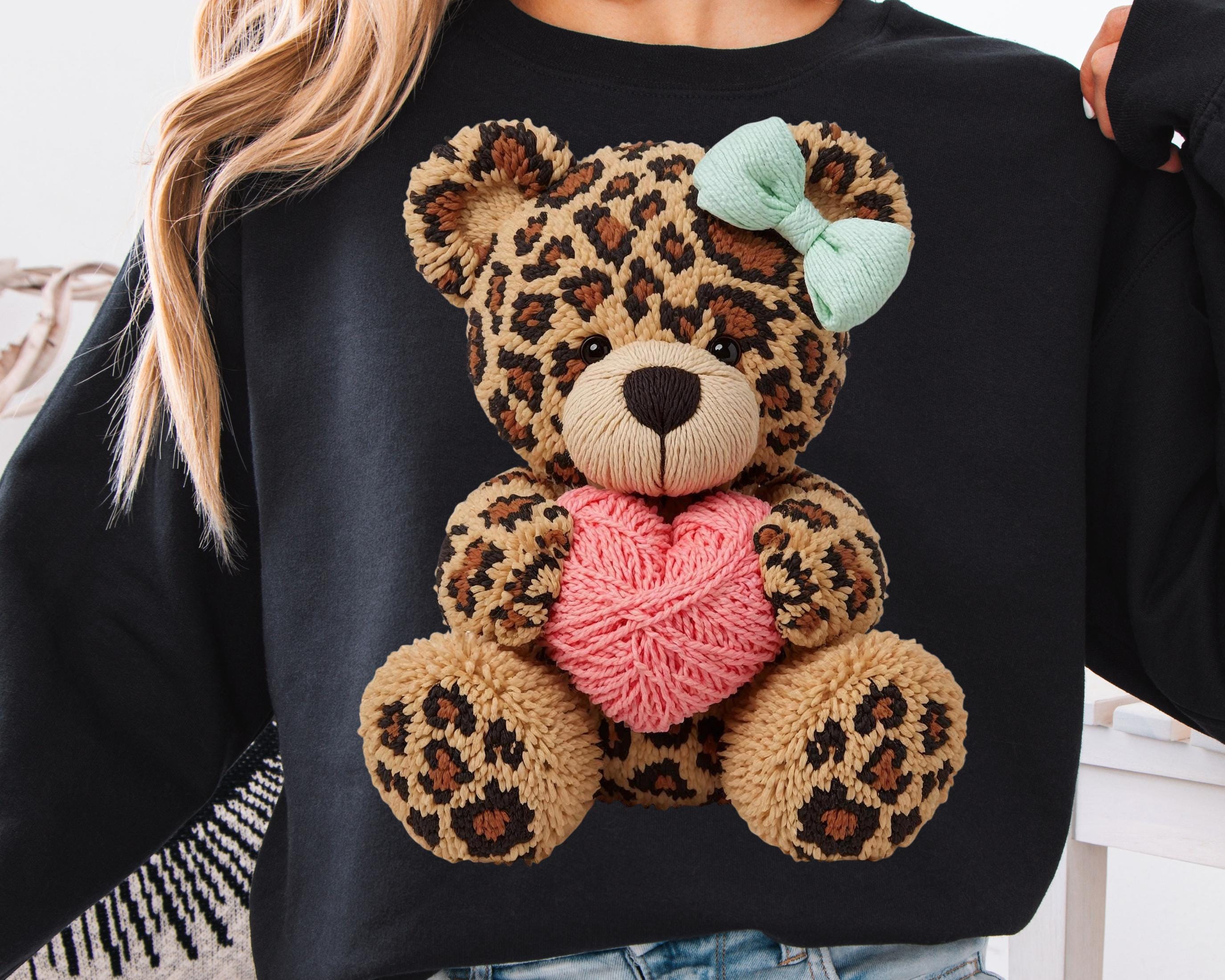Leopard Yarn Teddy Bear PNG – Pink Heart Valentine Sublimation – Cute ...