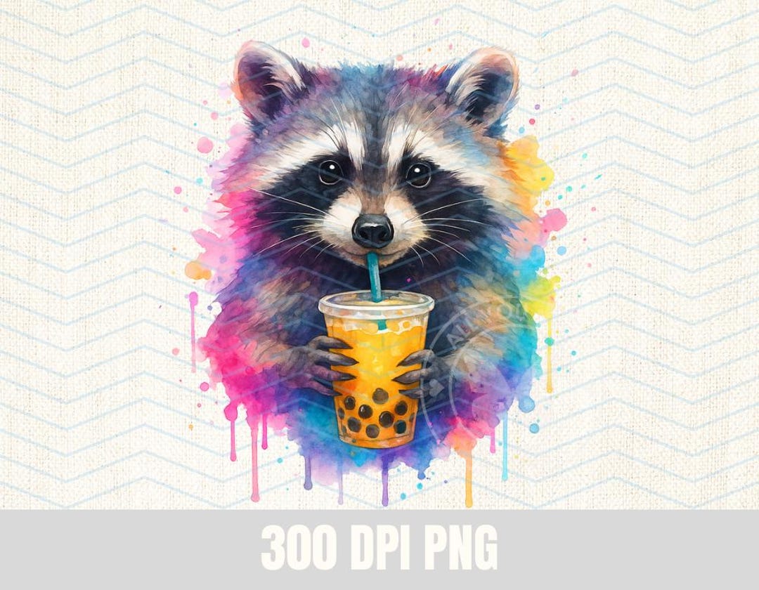 Rainbow Raccoon With Boba Tea PNG – Cute Watercolor Animal Clipart ...
