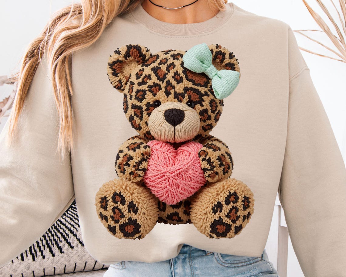 Leopard Yarn Teddy Bear PNG – Pink Heart Valentine Sublimation – Cute ...