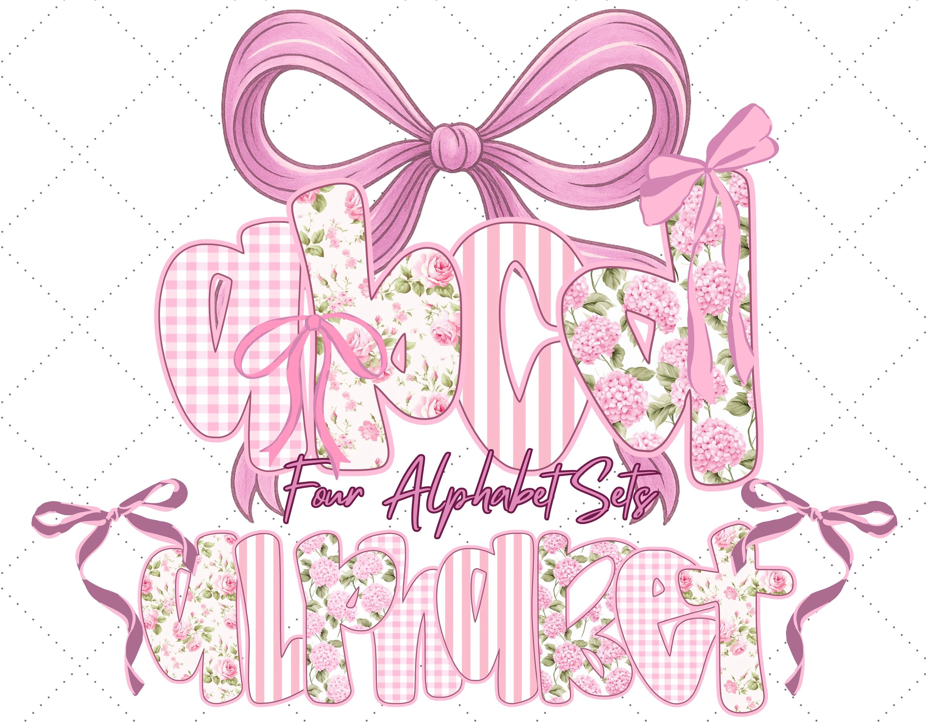 Pink Retro Floral Alphabet PNG Bundle: Preppy Grand Millennial Font ...