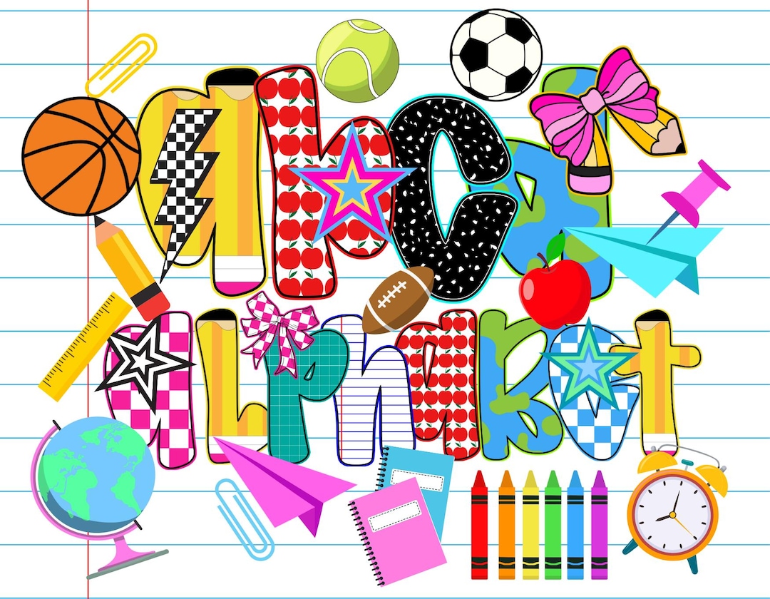 Back to School Alphabet PNG Bundle: Teacher Doodles, Bows, Paper Planes ...