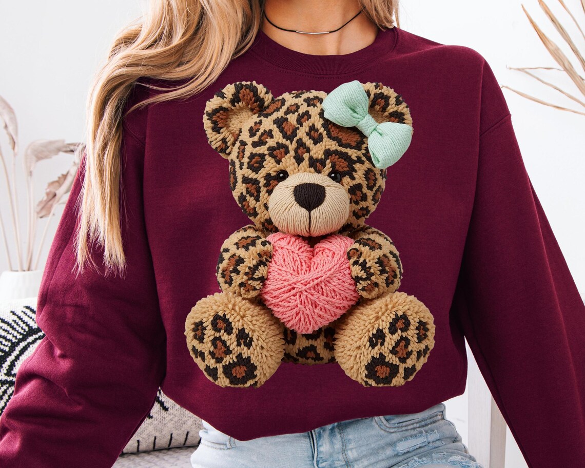 Leopard Yarn Teddy Bear PNG – Pink Heart Valentine Sublimation – Cute ...