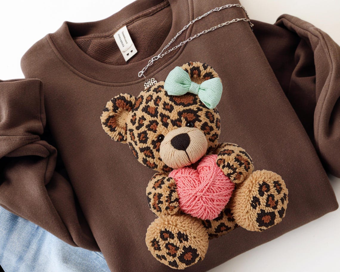 Leopard Yarn Teddy Bear PNG – Pink Heart Valentine Sublimation – Cute ...