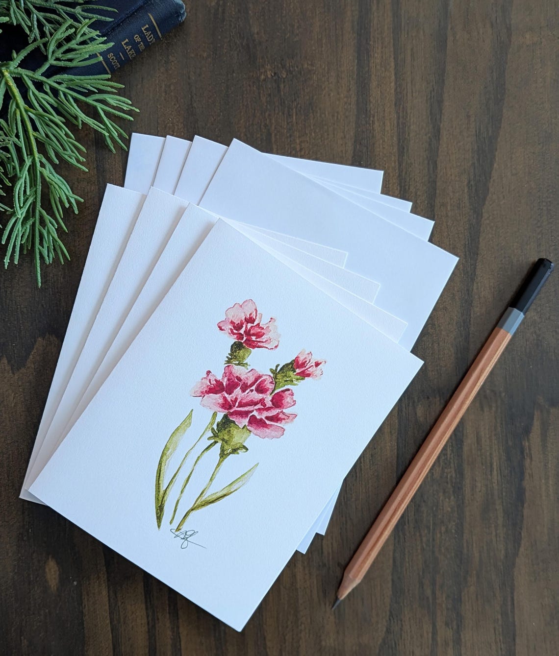 Carnation Flower Card Set. Watercolor Flower Note Cards. Garden Blank ...