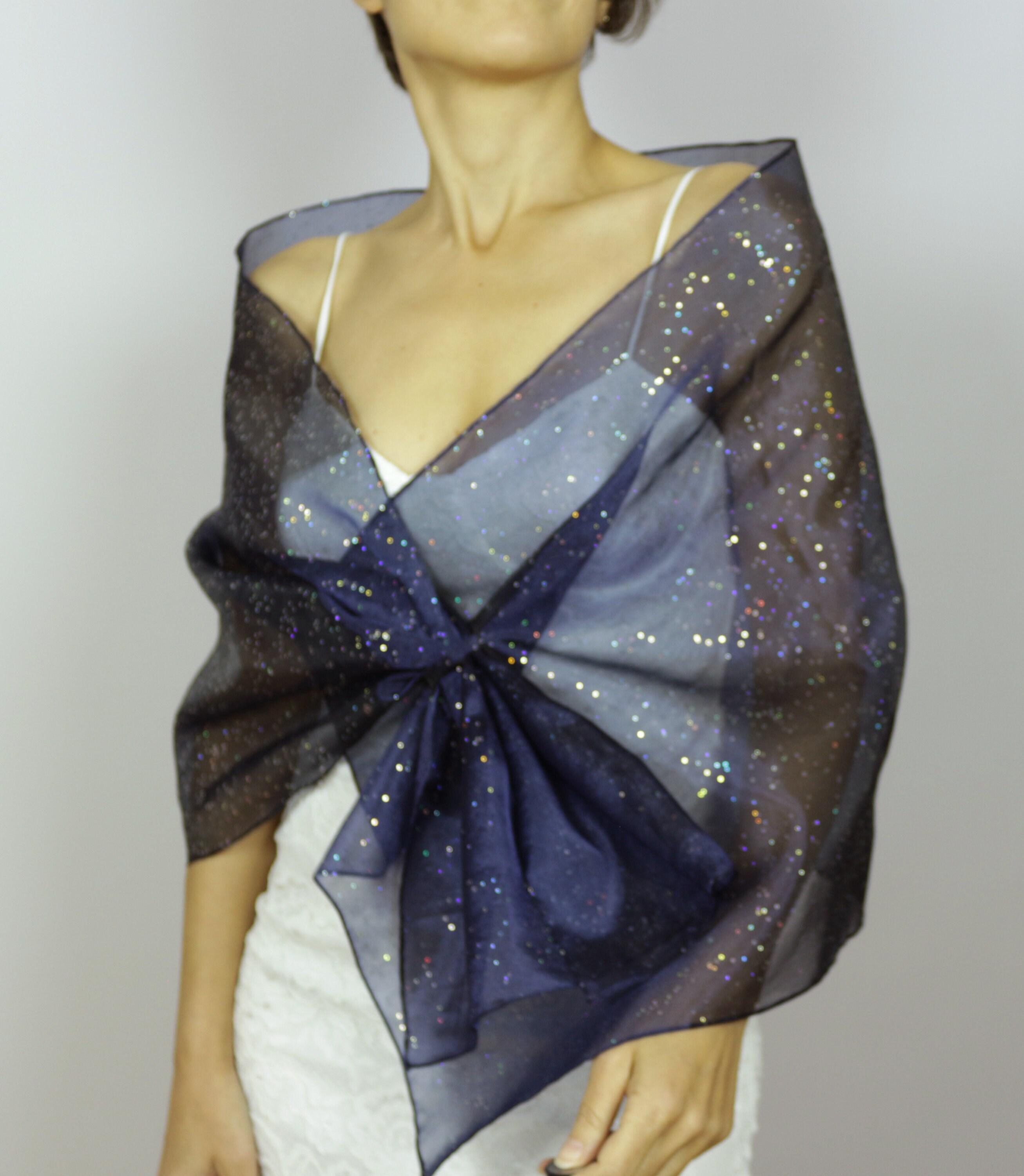 Navy organza evening shawl Silver gilded off the shoulder | Etsy