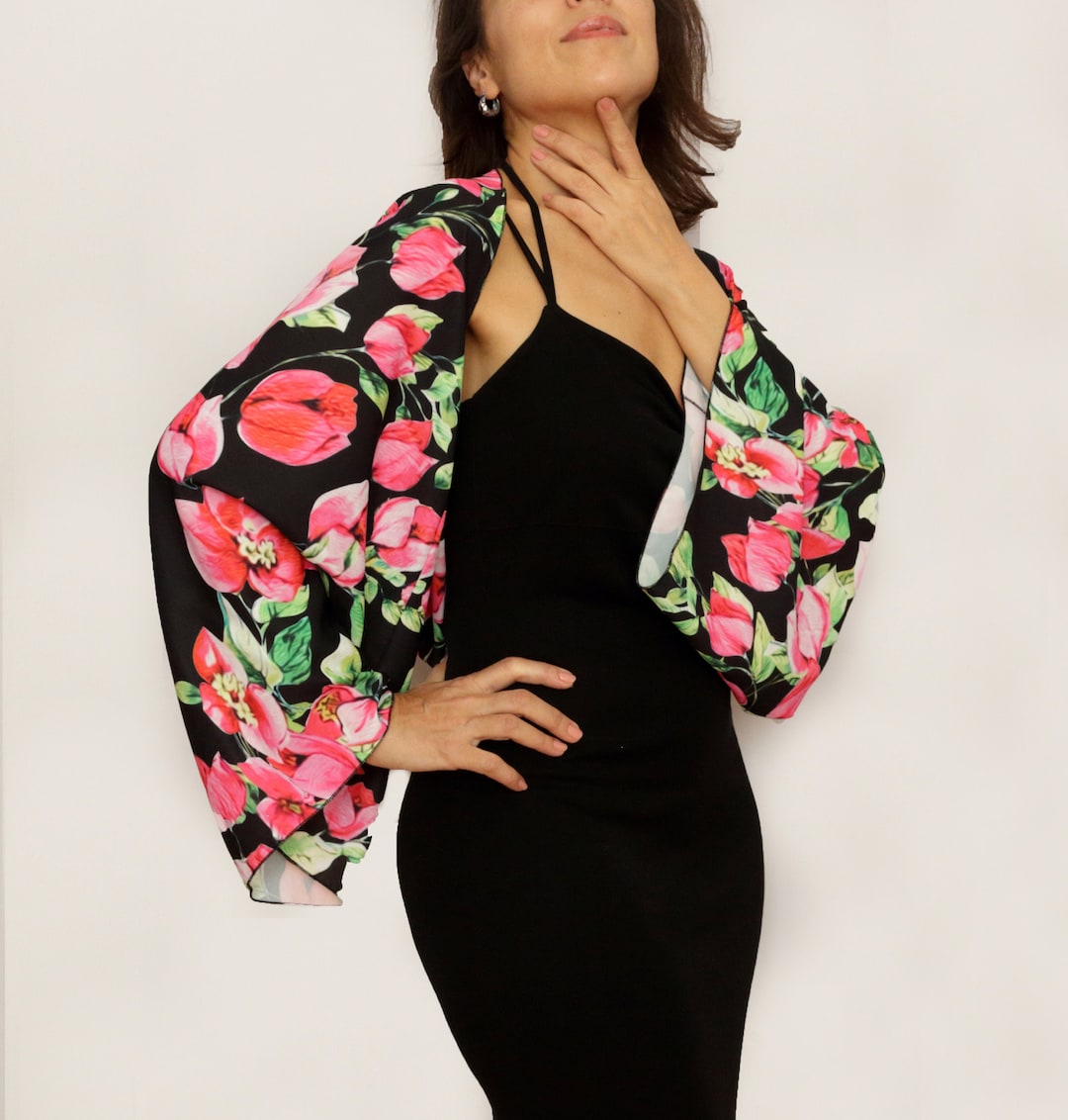 Pink Black Floral Evening Shrug Crop Bolero, Long Sleeved Formal Shrug ...