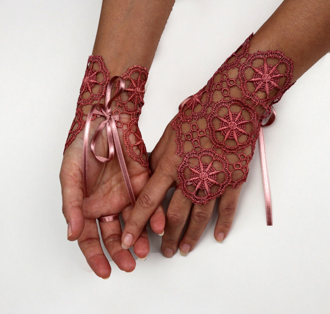 Rusty Rose Terracotta Lace Fingerless Gloves, Guipure Lace Wrist Cuffs ...