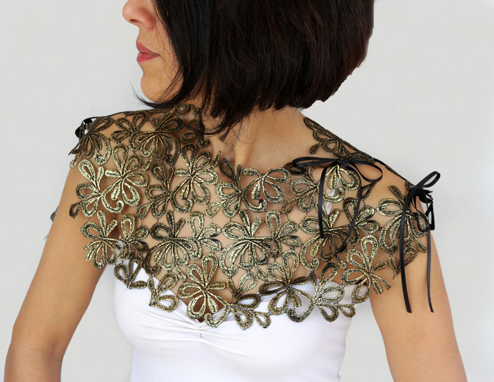 Gold Metallic Black Lace Shoulder Jewelry Necklace Grecian - Etsy