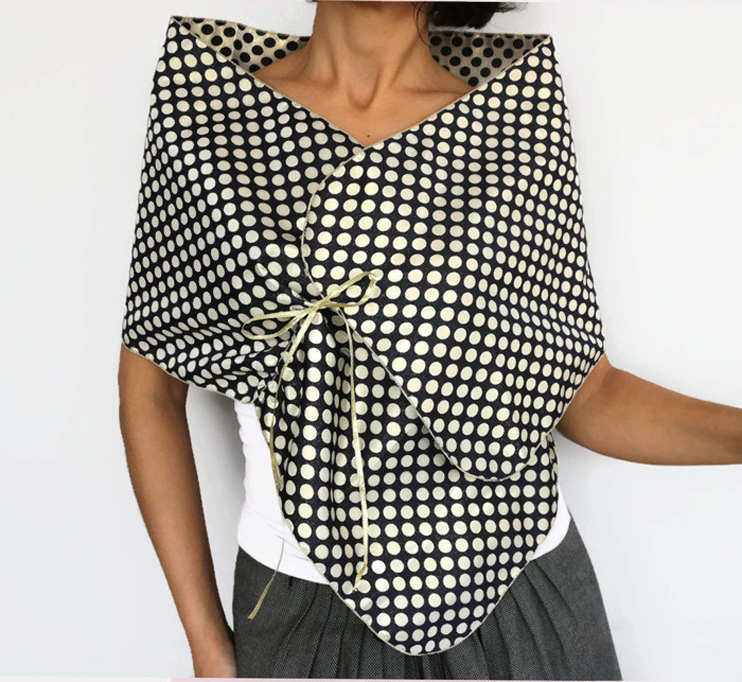 Reversible Navy Gold Polka Dot Shawl: Pull Through Taffeta Evening Wrap ...