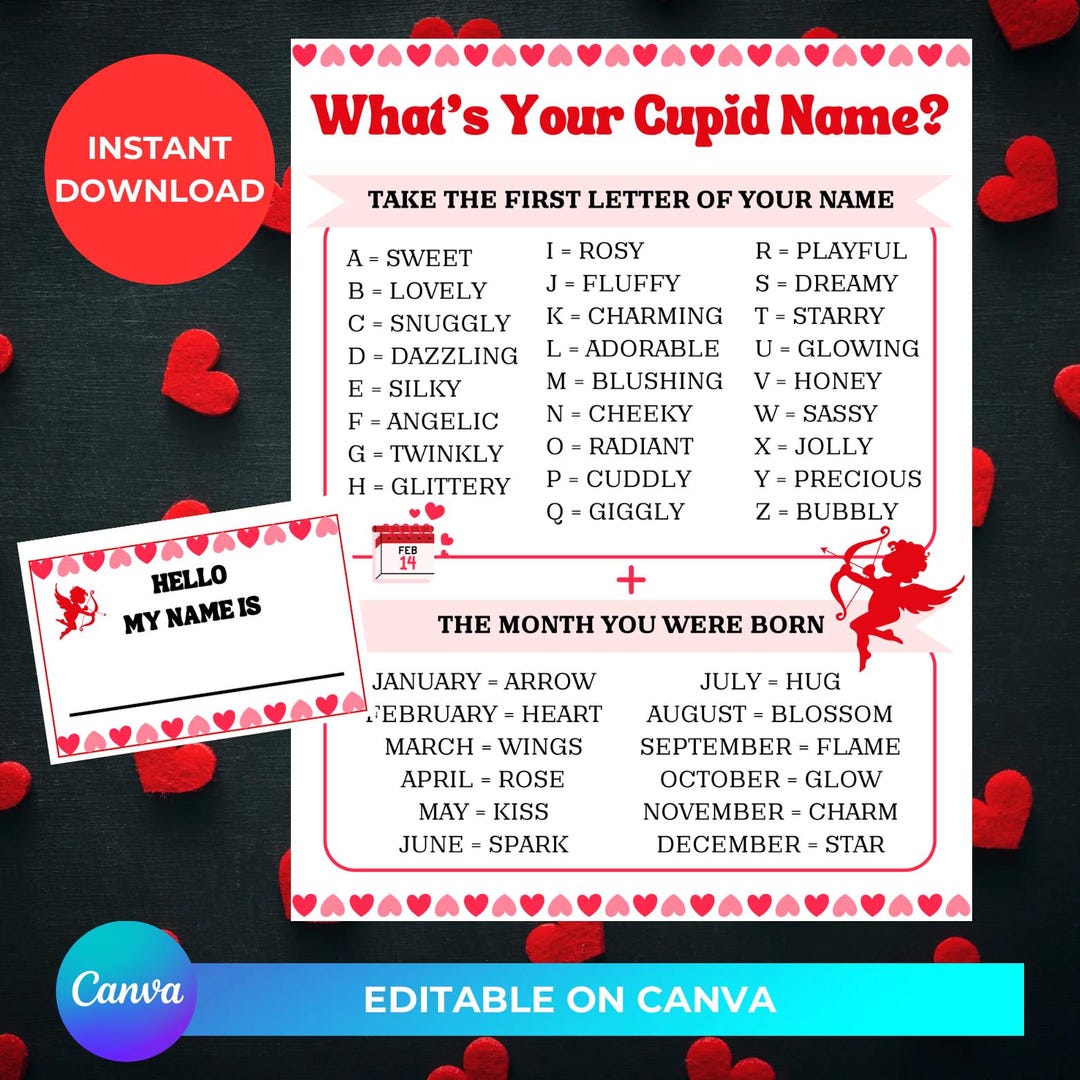 Valentines Whats Your Cupid Name Game Name Tags, Office Party Game ...