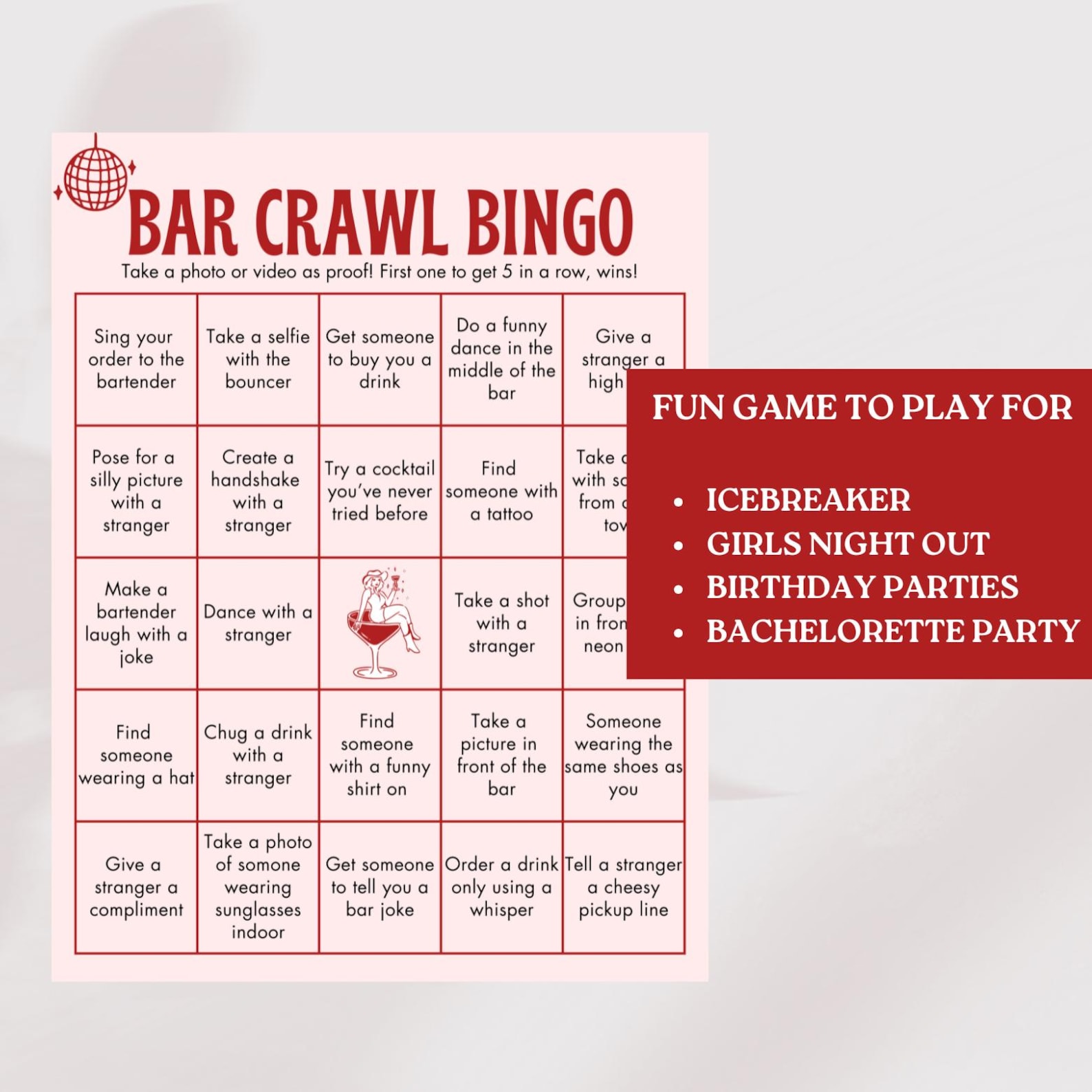 Girls Night Out Bingo, Bar Crawl Bingo, Fun Bar Scavenger Hunt Game for ...