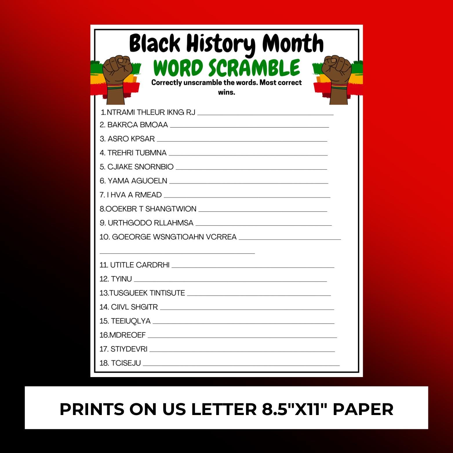 Black History Month Word Scramble Game, Black History Group Activity ...
