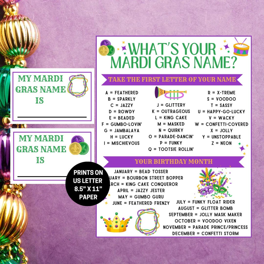 What’s Your Mardi Gras Name Game, Mardi Gras Activity, Printable Mardi ...