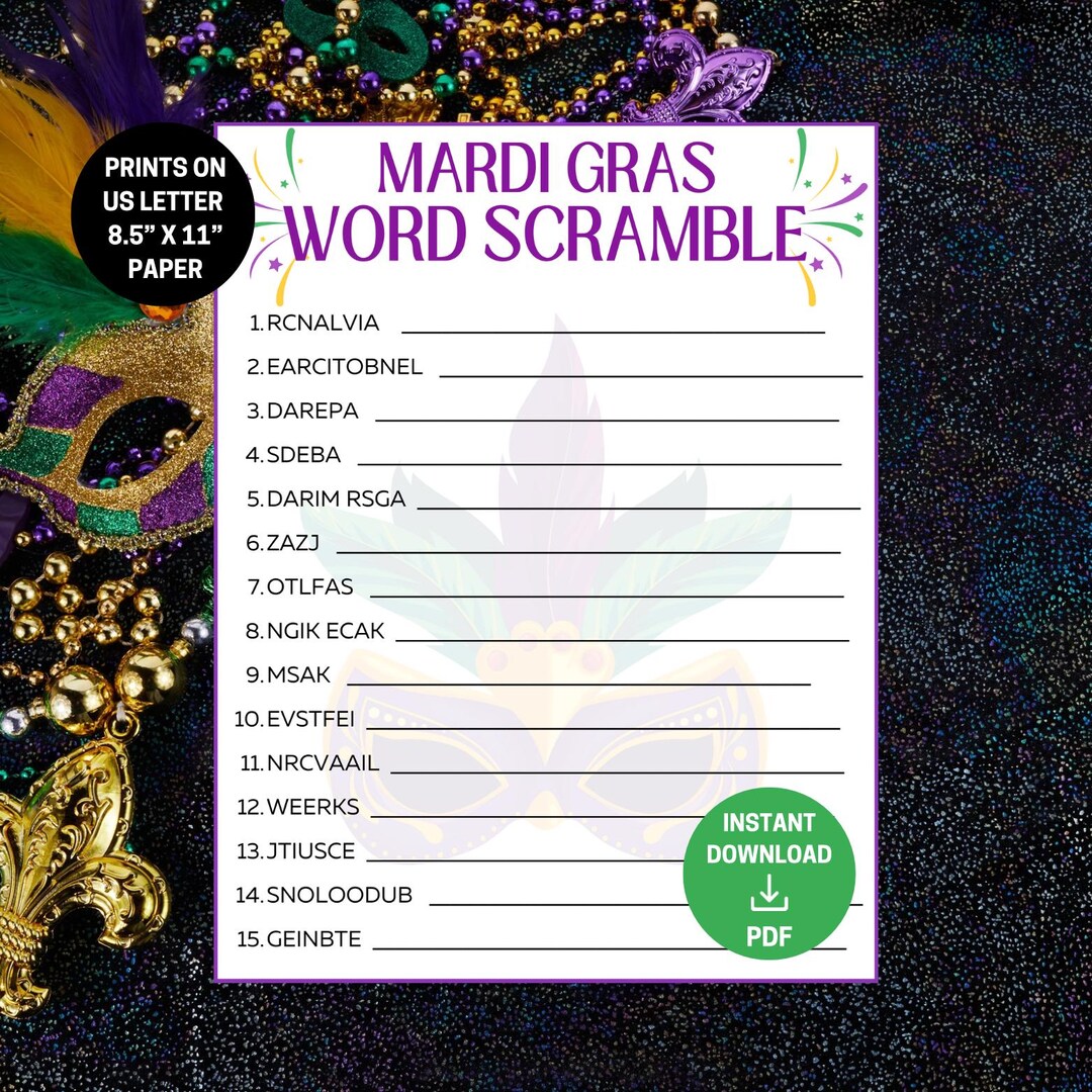 Printable Mardi Gras Game, Mardi Gras Word Scramble Game, Adult & Kids ...