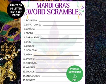 Mardi Gras Word Puzzle Game, Fat Tuesday Party Game, Printable Mardi ...