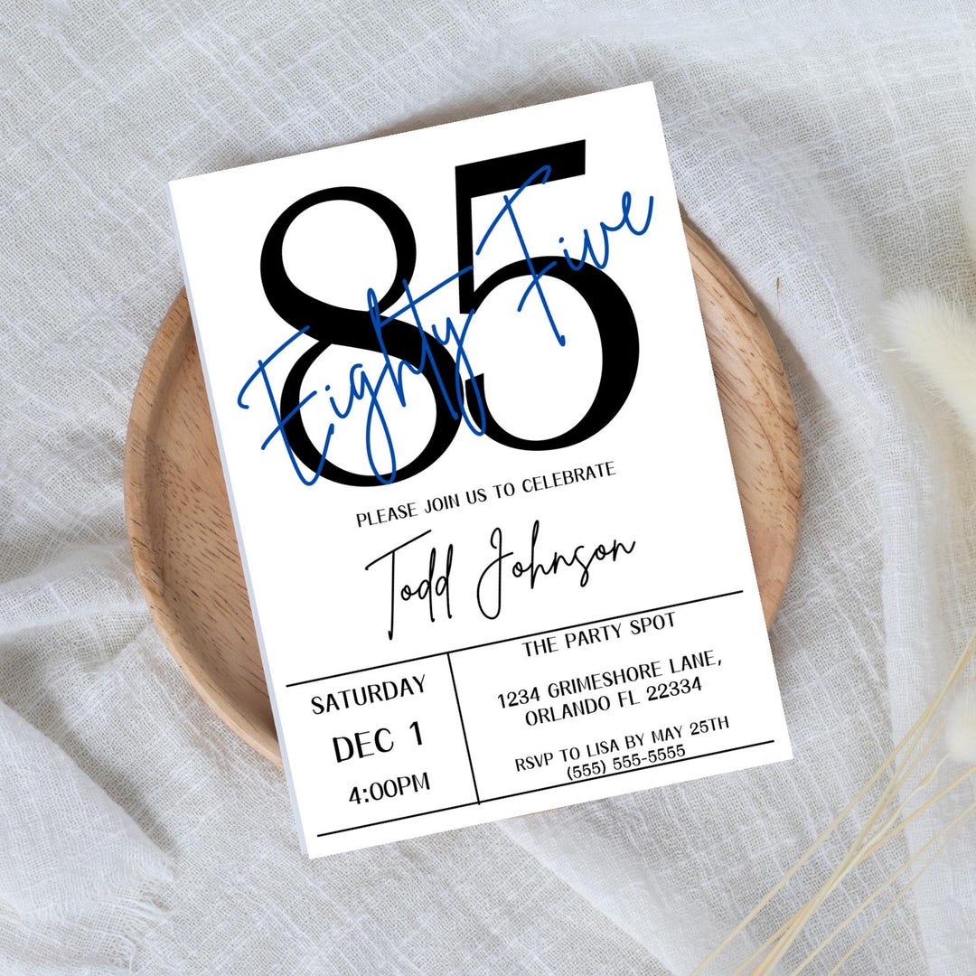 85th Birthday Invitation, Editable 85th Birthday Invite, Blue Birthday ...