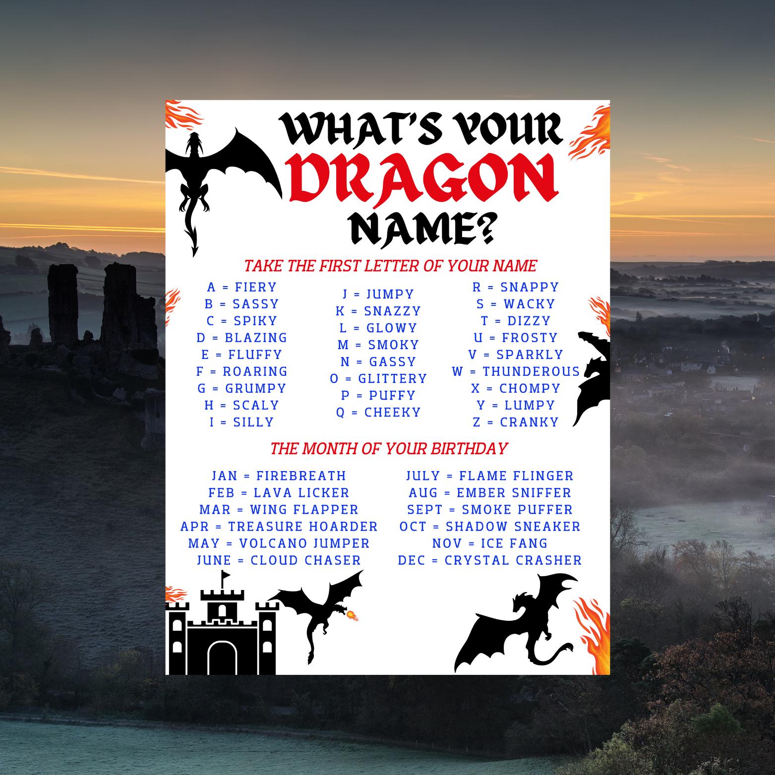 What’s Your Dragon Name Game, Dragon Printable Party Games, Kids Dragon ...