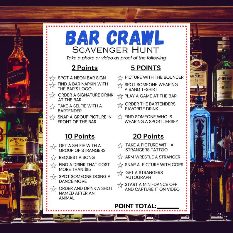 Bar Scavenger Hunt, Bar Crawl Scavenger Hunt, Adult Bar Games, Bachelor ...