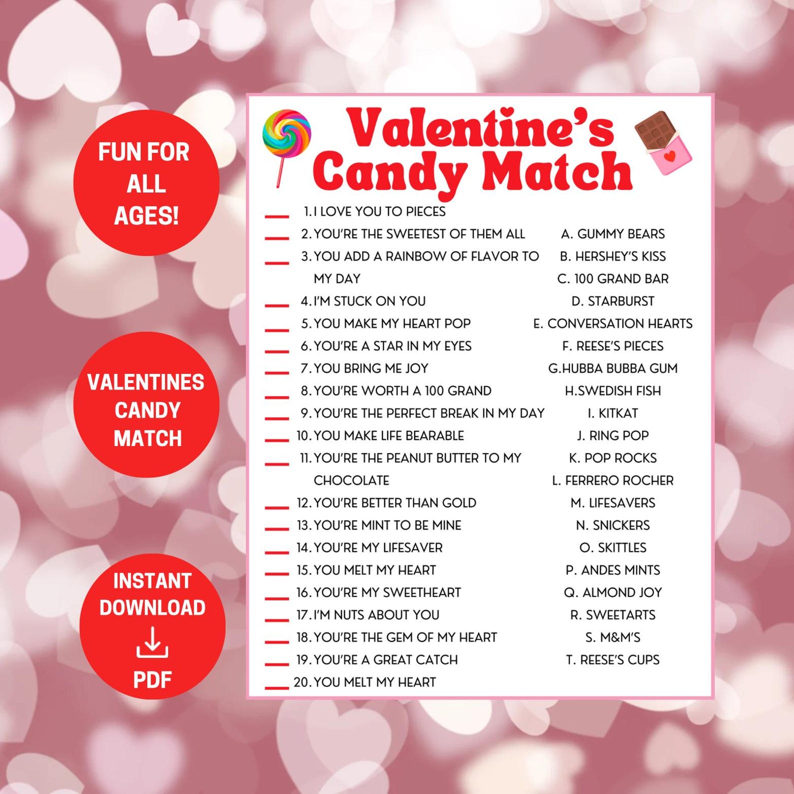 Valentines Candy Trivia Match Game, Candy Activity, Valentines Trvia ...