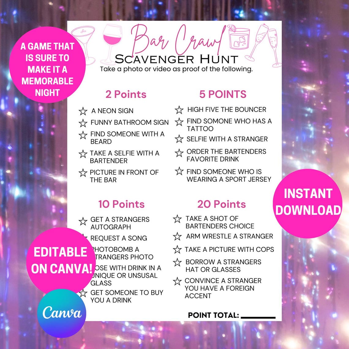 Bachelorette Bar Crawl, Girls Night Bingo, Bar Crawl Scavenger Hunt ...