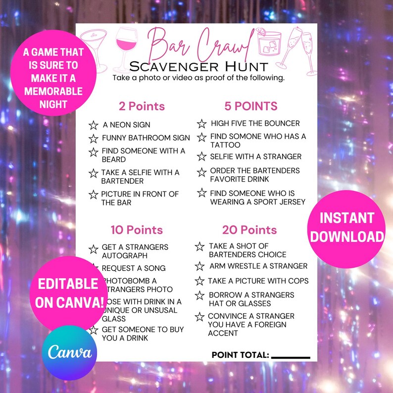 Bachelorette Bar Crawl, Girls Night Bingo, Bar Crawl Scavenger Hunt, Printable Adult Party Games ...