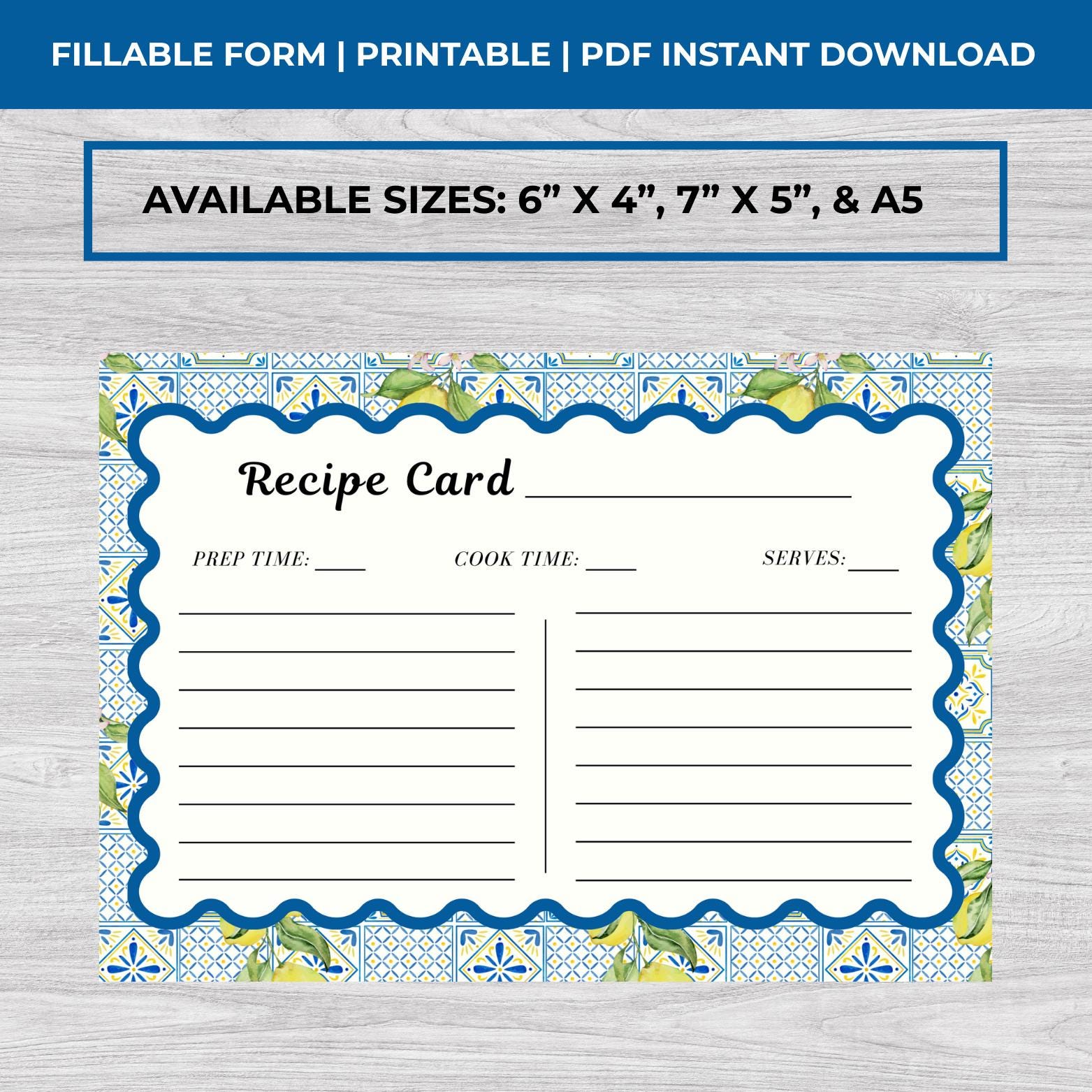 Printable Recipe Card, Lemons and Blue Tile Recipe Card for Baking ...