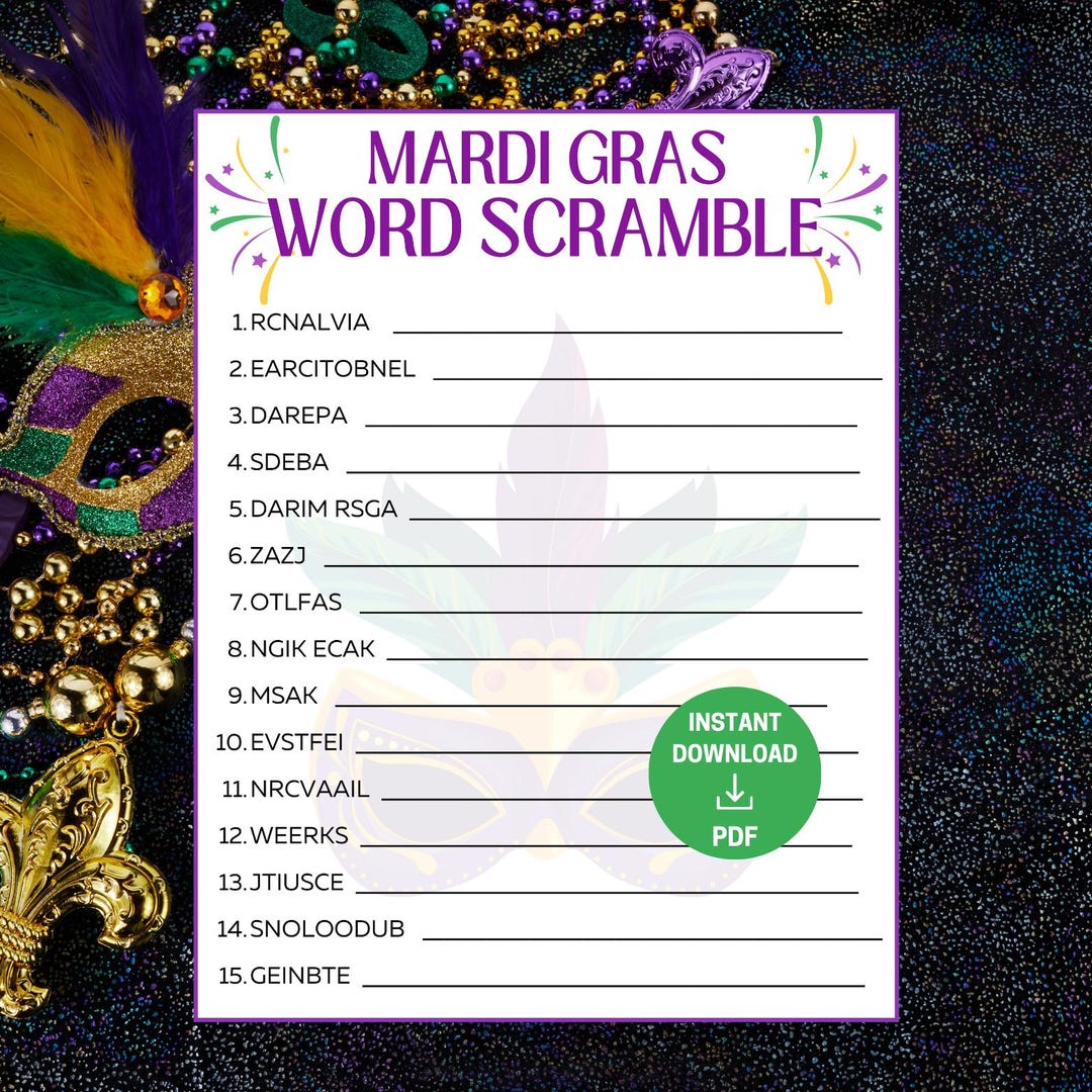 Mardi Gras Word Scramble Puzzle, Printable Mardi Gras Games, Mardi Gras ...