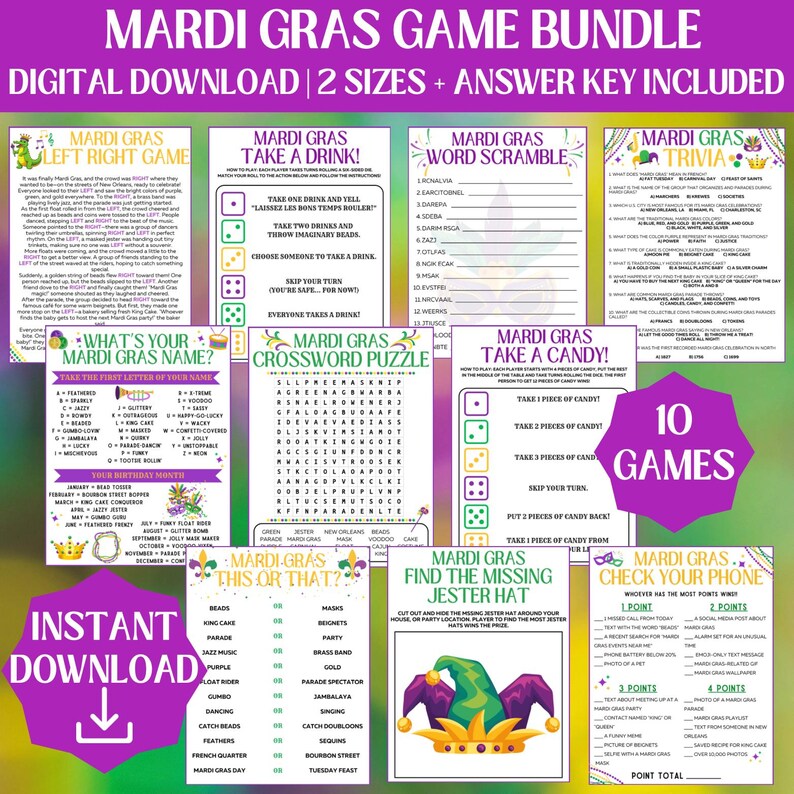 10 Mardi Gras Party Games, Printable Mardi Gras Party Games, Carnival ...