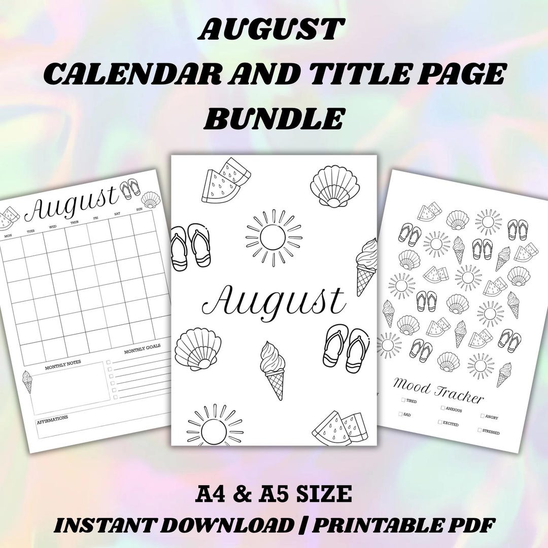 August Title Page Printable August Calendar Journal Cover Page Bujo ...