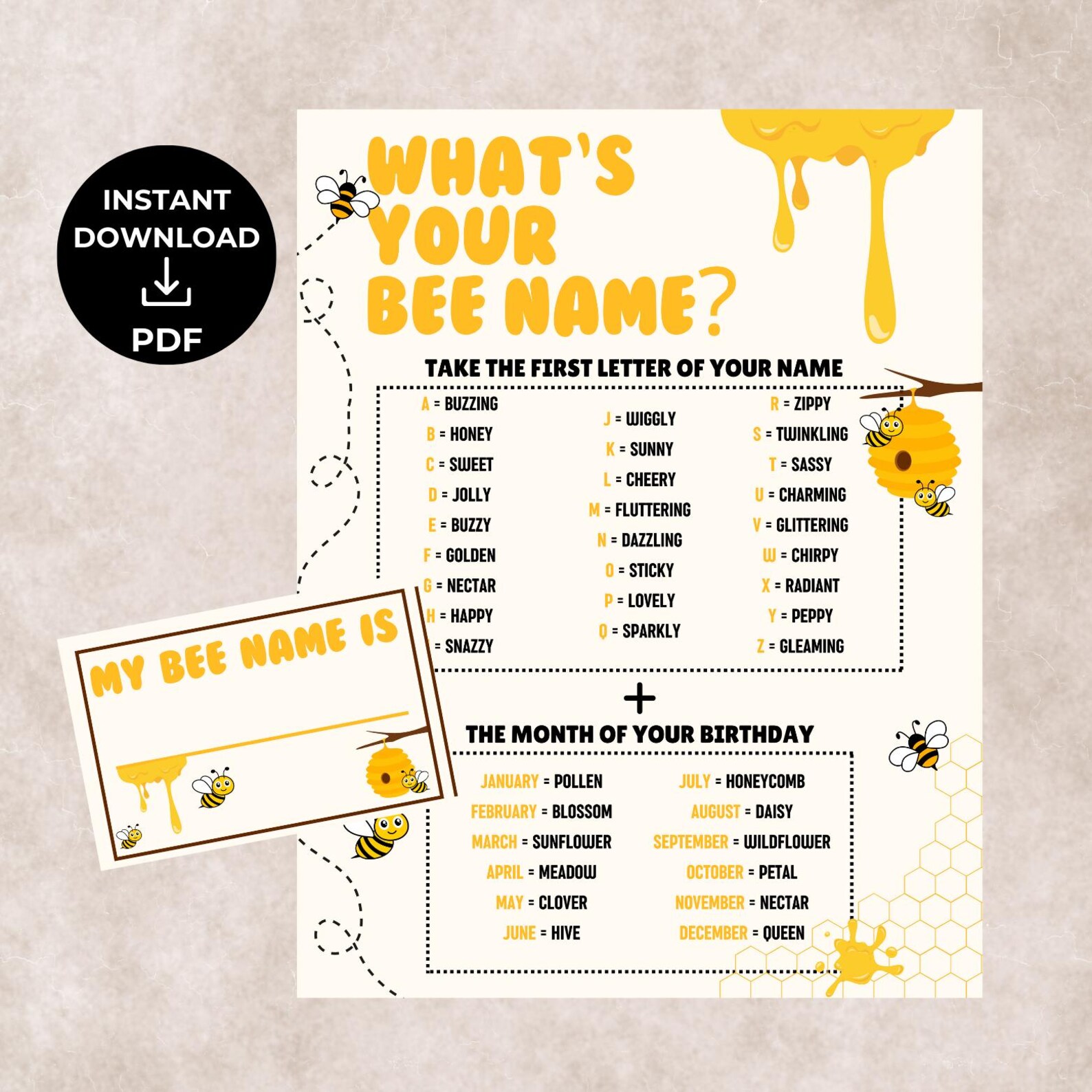 What’s Your Bee Name Game, Bee Baby Shower, Bee Decor, Bee Birthday ...