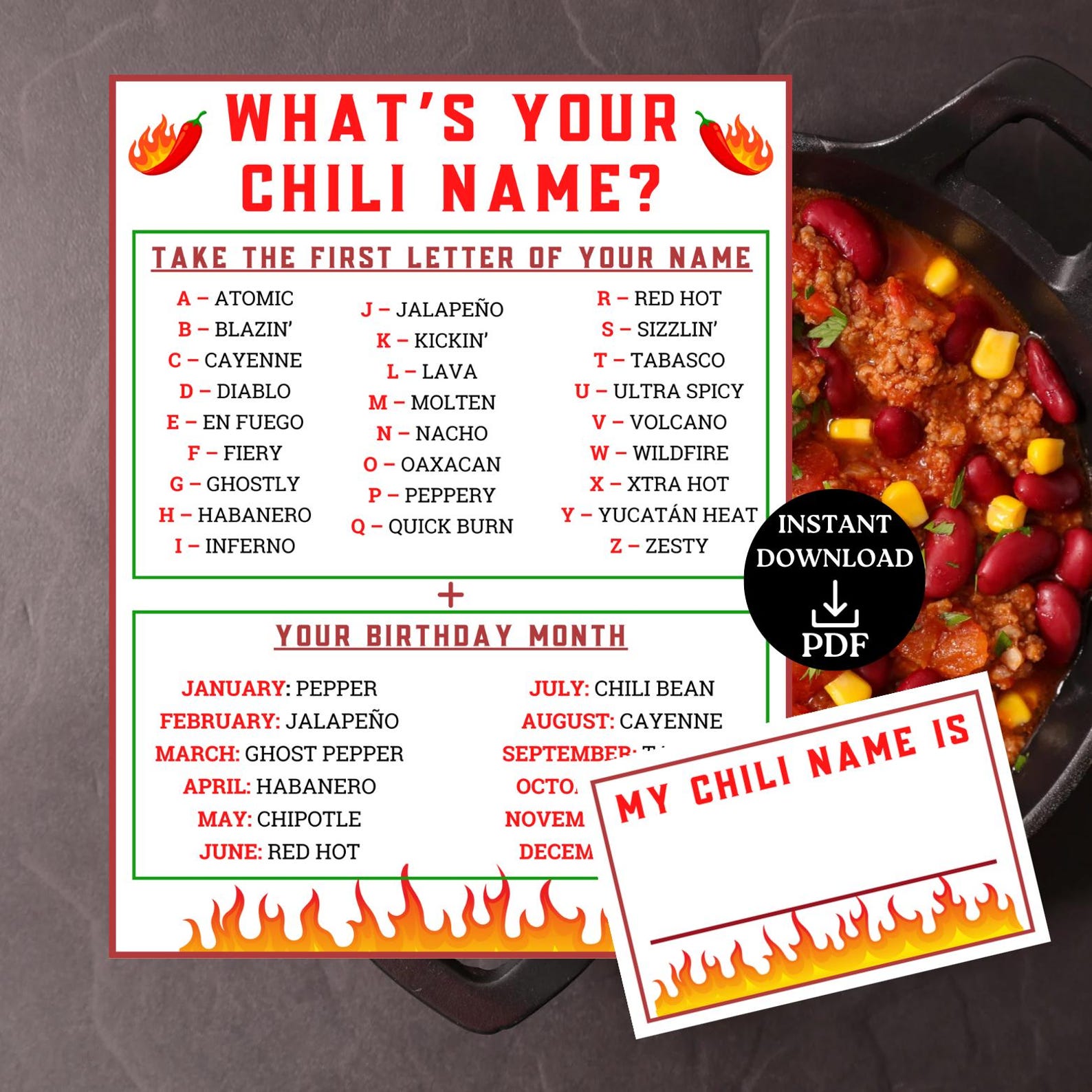 What’s Your Chili Name Game, Chili Competition Contest Game, Fun ...