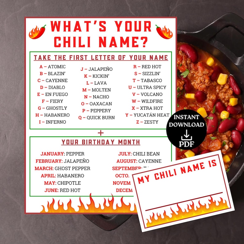 What’s Your Chili Name Game, Chili Competition Contest Game, Fun ...
