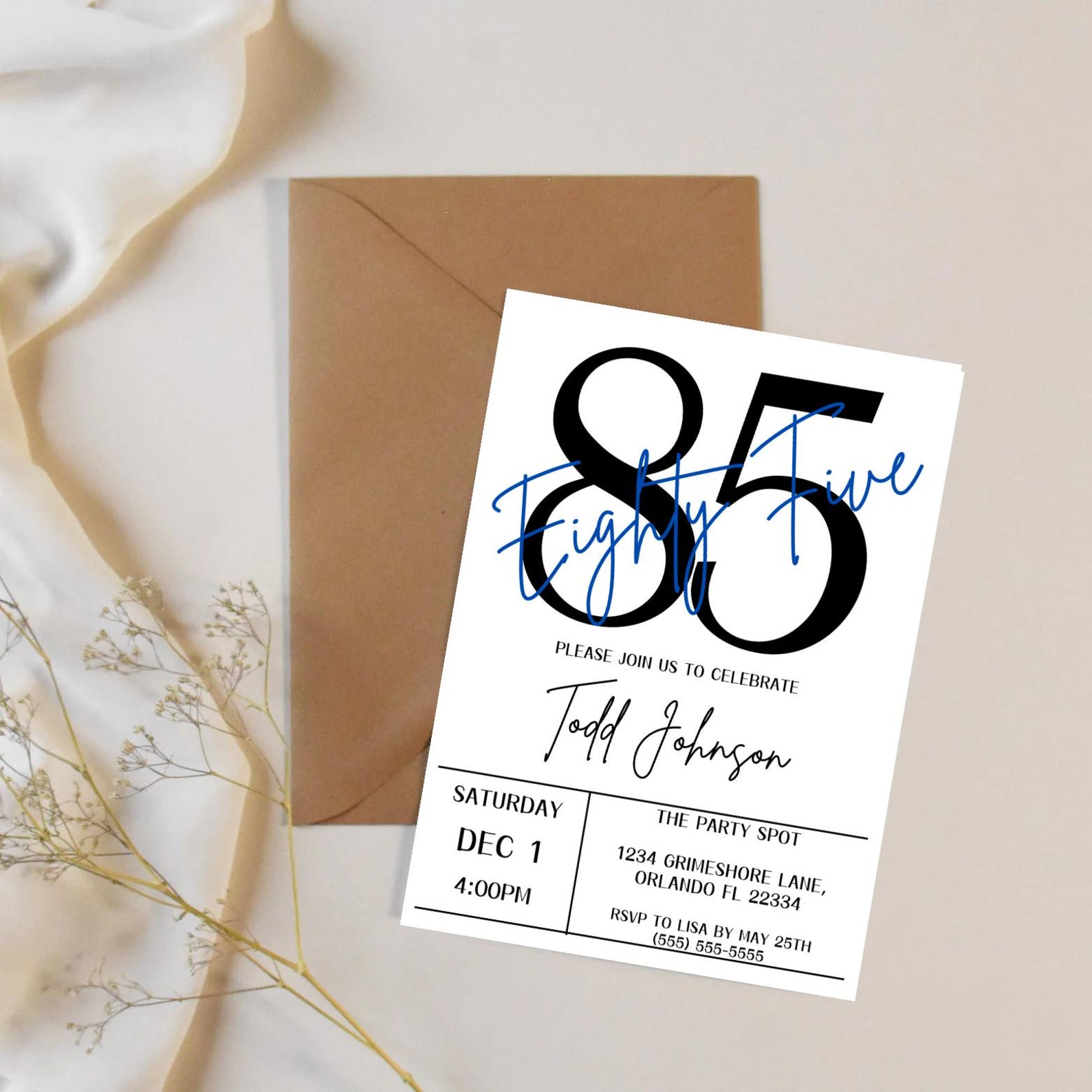 85th Birthday Invitation, Editable 85th Birthday Invite, Blue Birthday ...