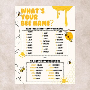 What’s Your Bee Name Game, Bee Baby Shower, Bee Decor, Bee Birthday ...