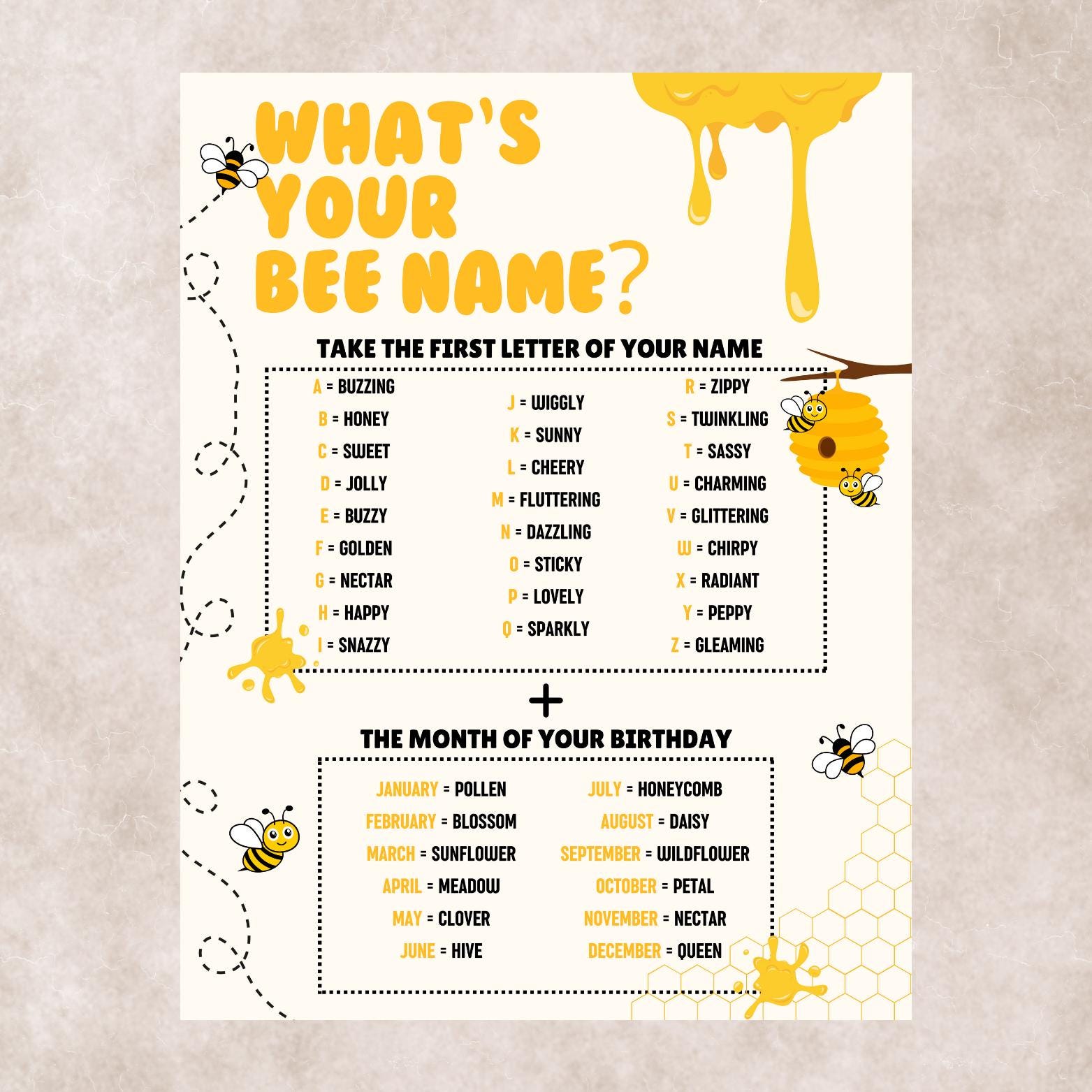 What’s Your Bee Name Game, Bee Baby Shower, Bee Decor, Bee Birthday ...