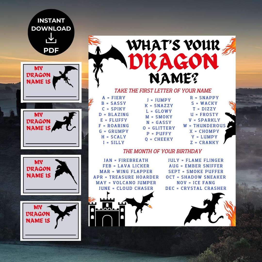 Whats Your Dragon Name Dragon Party Game, Dragon Theme Party Games ...