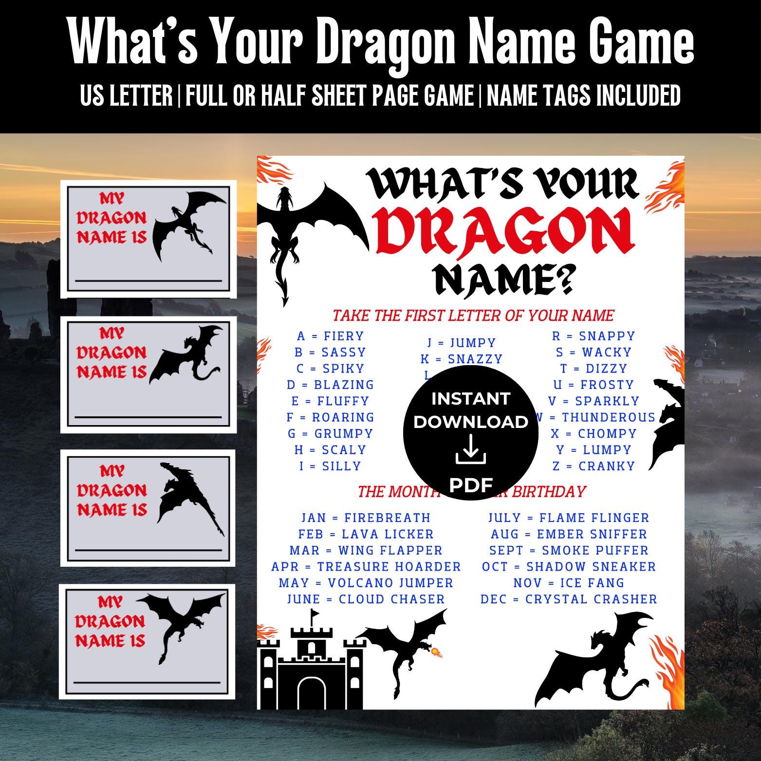 What’s Your Dragon Name Game, Dragon Printable Party Games, Kids Dragon ...
