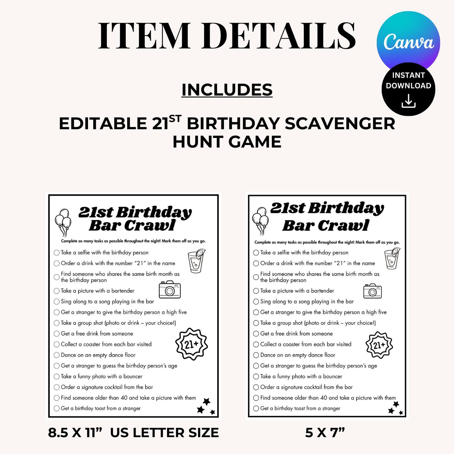 21st Birthday Bar Birthday Scavenger Hunt Editable Bday Bar Crawl Game ...