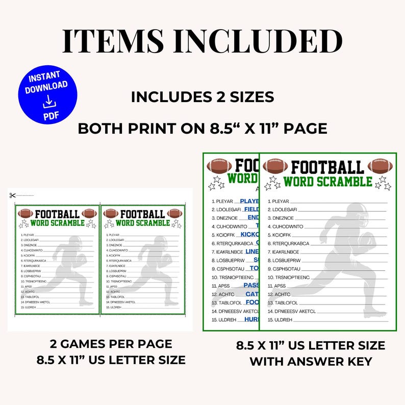 Football Word Scramble, Printable Football Party Games Kids Super Bowl ...