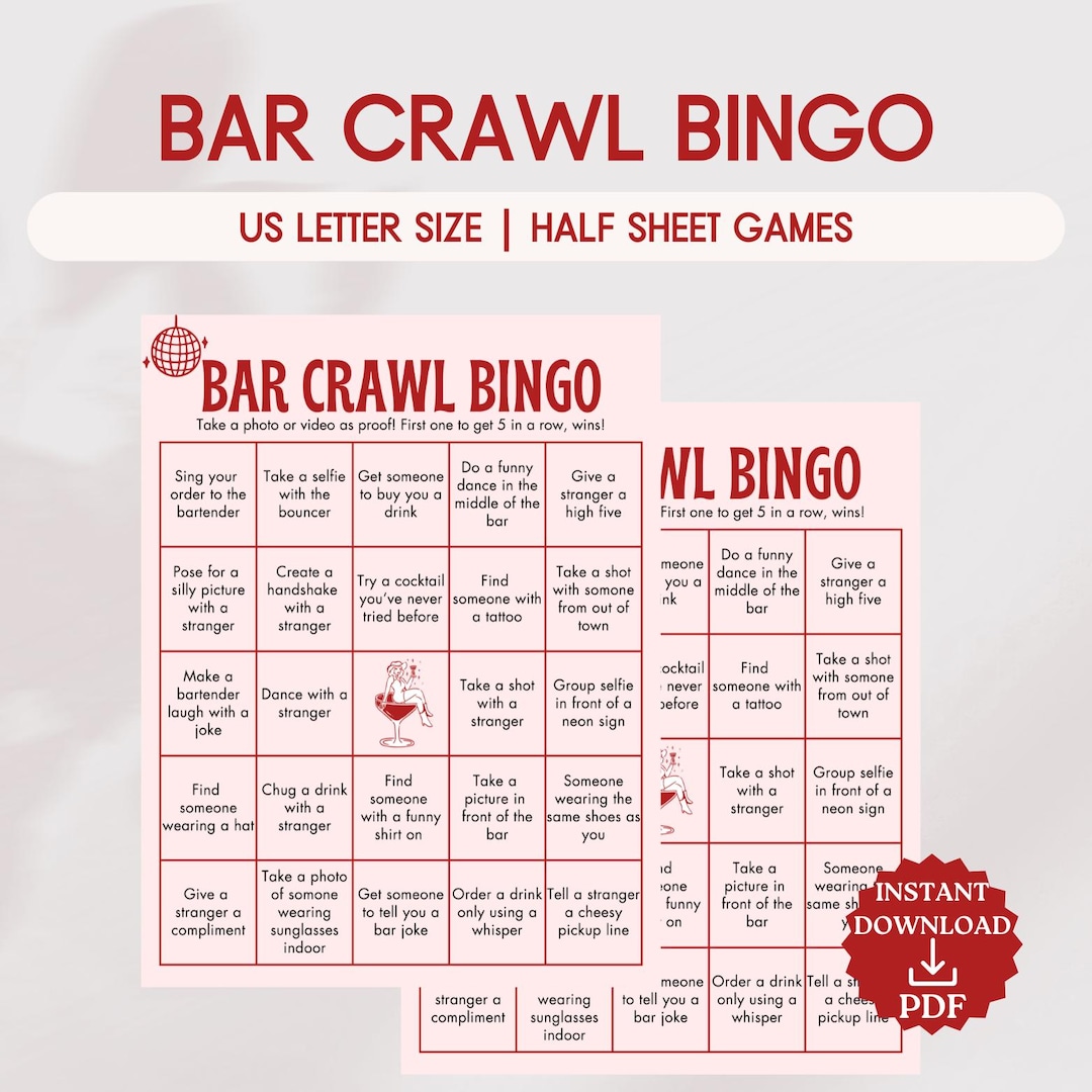 Girls Night Out Bingo, Bar Crawl Bingo, Fun Bar Scavenger Hunt Game for ...