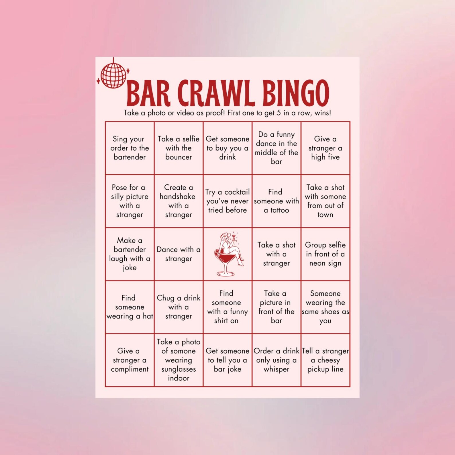 Girls Night Out Bingo, Bar Crawk Bingo, Fun Bar Scavenger Hunt Game for ...