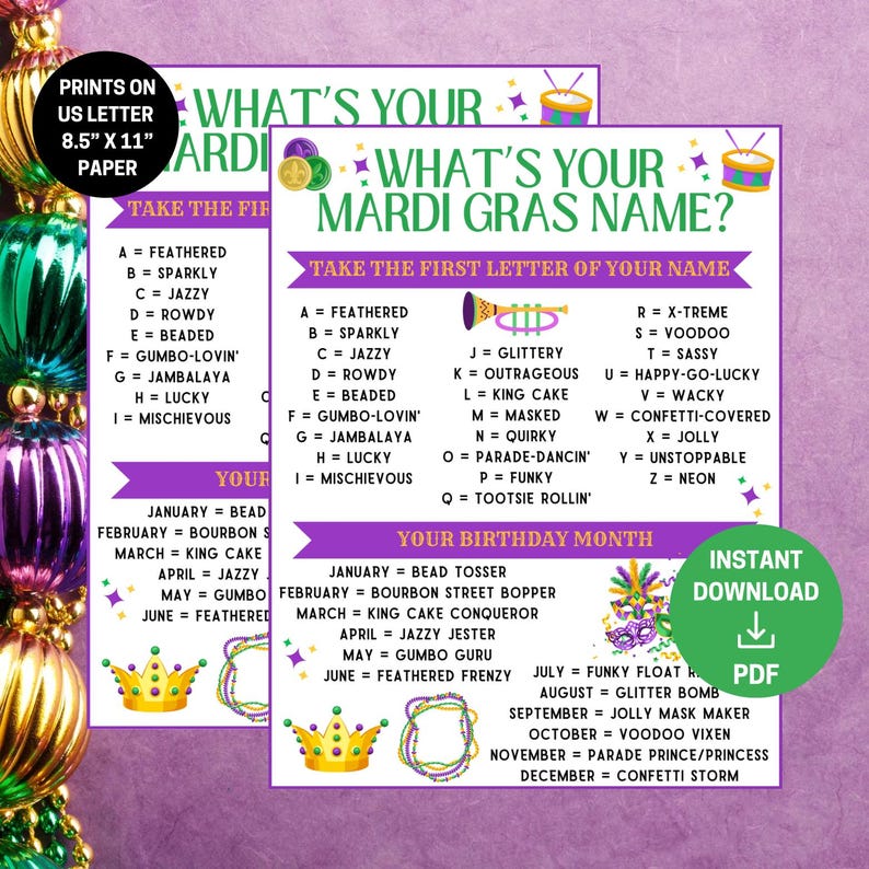 What’s Your Mardi Gras Name Game, Mardi Gras Activity, Printable Mardi ...